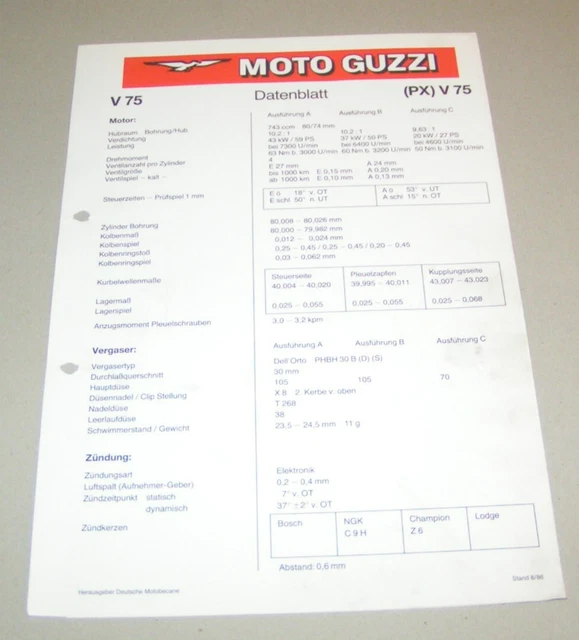 FICHE TECHNIQUE / Valeurs De Réglage Moto Guzzi 1000 SP - État 1984 EUR ...