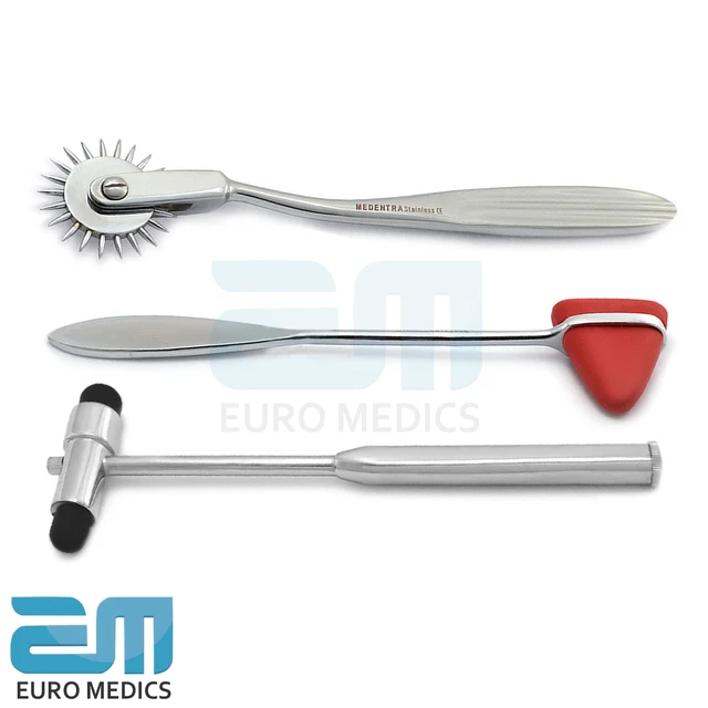 LOT DE 3 instruments neurologiques marteau réflexe roue à épingle test ...