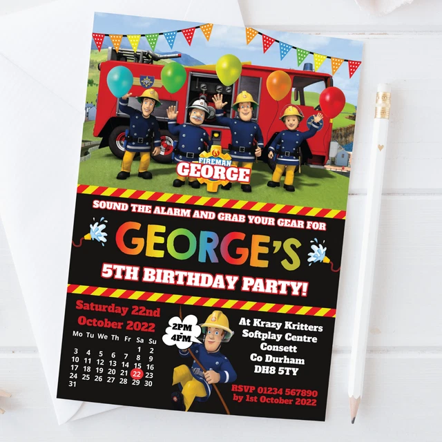 PERSONALISED FIREMAN SAM Birthday Party Invitations Fire Engine Invites ...