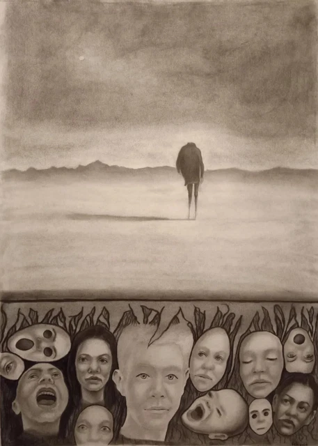 ORIGINAL SURREAL LANDSCAPE & portrait pencil & charcoal drawing fine ...