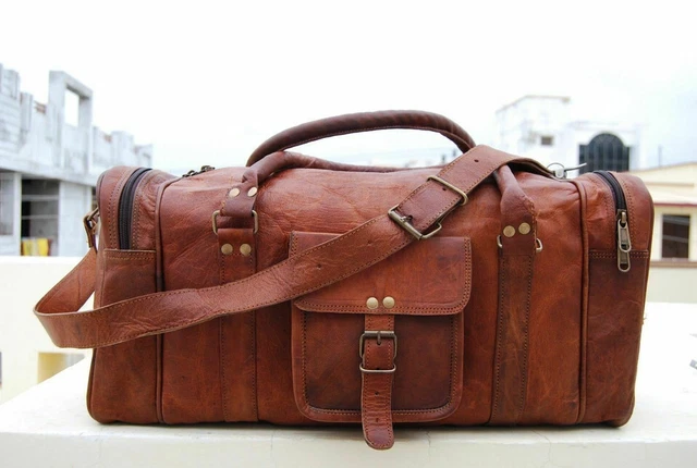 LARGE BROWN LEATHER Goat Hide Carry On Duffle Weekend Luggage Travel ...
