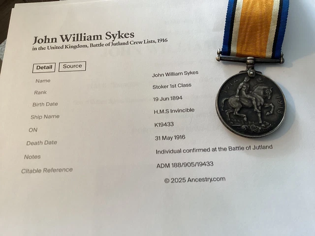 WW1 WAR MEDAL KIA Jutland HMS Invincible Stoker 1st Class Sykes Goole ...