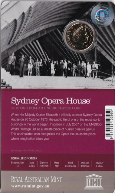 AUSTRALIAN: 2013 $1 40th ANNIVERSARY SYDNEY OPERA HOUSE COIN ON CARD ...