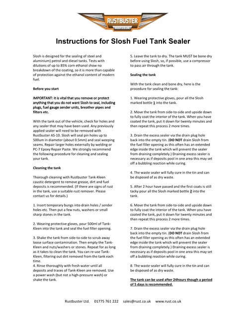 RUSTBUSTER SLOSH FUEL Tank Sealer Kit £31.00 - PicClick UK