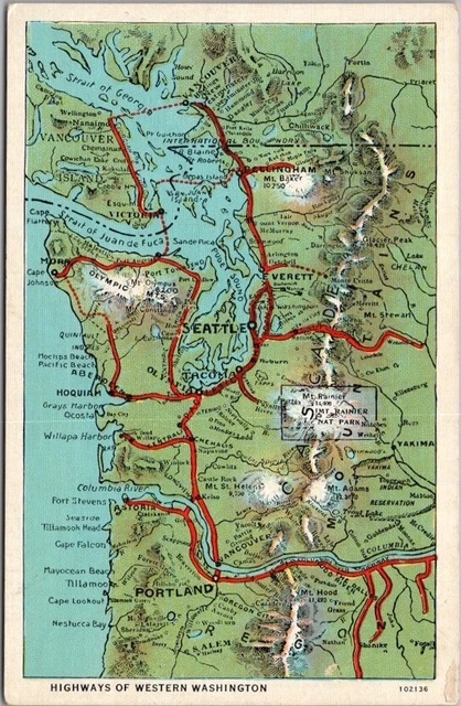 C1930S OLYMPIC PENINSULA MAP Wash. Postcard "Highways of Western ...