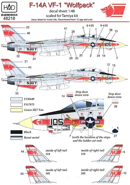 HUNGARIAN AERO DECALS 1/48 GRUMMAN F-14A TOMCAT VF-1 "WOLFPACK" EUR 16 ...