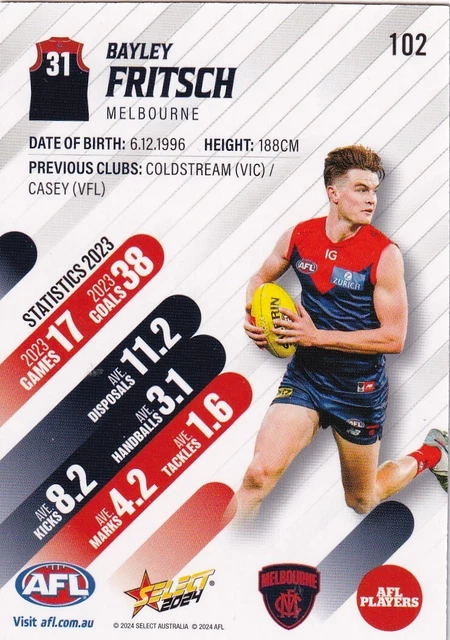 AFL 2024 SELECT Melbourne Demons - Bayley Fritsch Card No.102 $2.22 ...