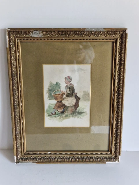 DESSIN ANCIEN AQUARELLE femme au panier signé tableau ancien XIXème EUR 75,00 - PicClick FR