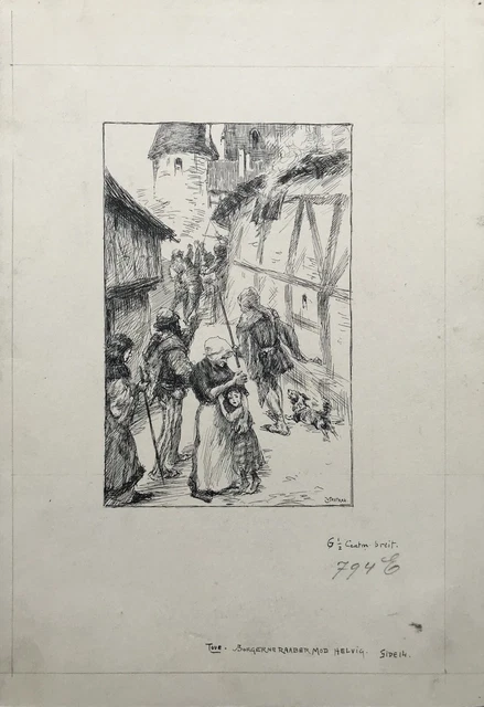 VIGGO JASTRAU 1857-1946 Dibujo Ilustración Edad Media Escena Castillo ...