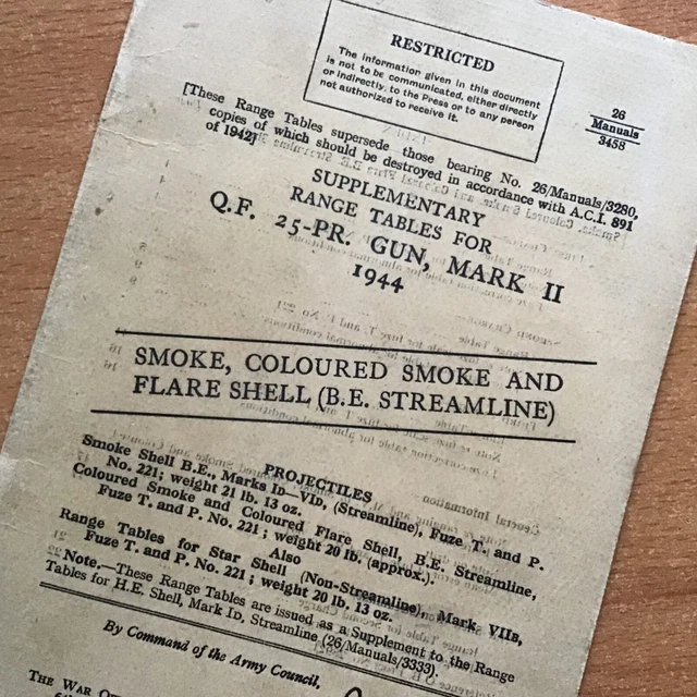 WW2 BRITISH ARTILLERY Manual: Range Tables For 25-Pr Gun, Smk+Flare ...