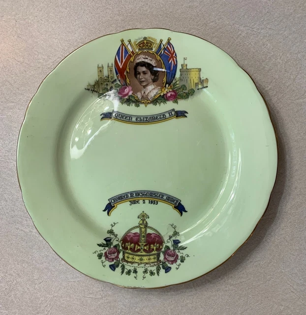 1953 QUEEN ELIZABETH II Coronation Porcelain Plate 8" AYNSLEY, Green ...