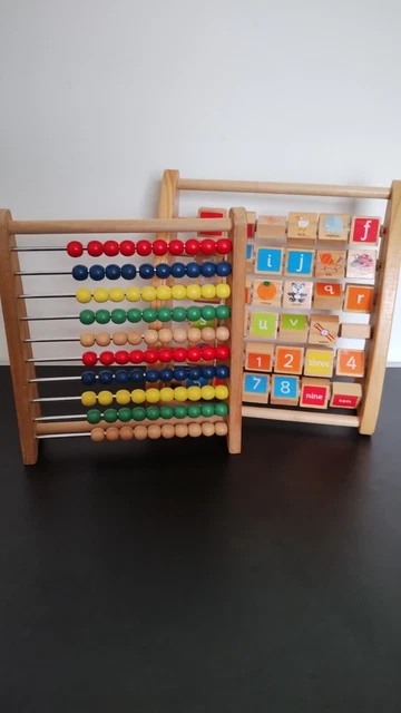 WOODEN ABACUS ALPHABET Blocks & Counting Beads Toddler Early Learning ...