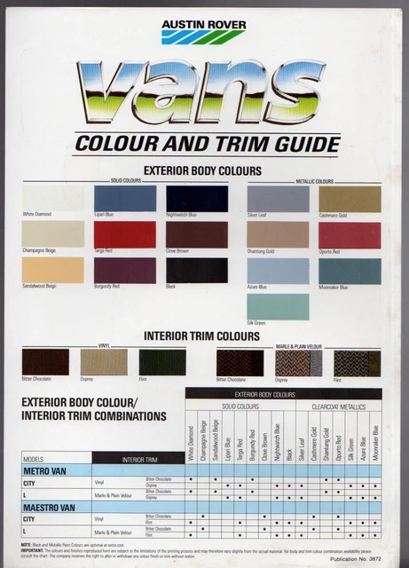 AUSTIN METRO & Maestro Vans Colour Trim c1986-87 UK Market Single Sheet ...