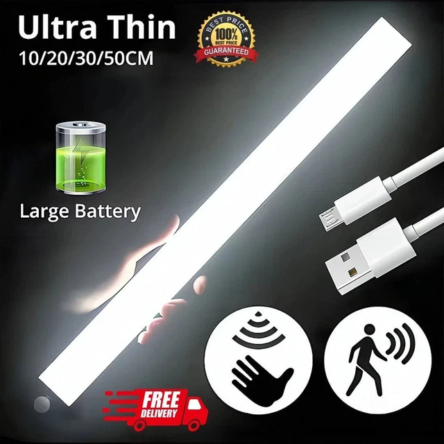 LED STRIP LIGHT PIR Motion Sensor USB Rechargeable Magnetic Cabinet ...