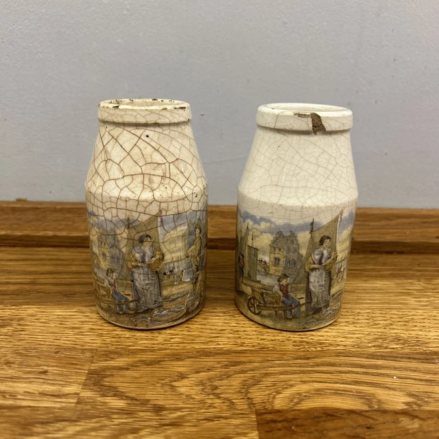 PAIR OF ANTIQUE Prattware paste jar, continental fishmarket harbour ...