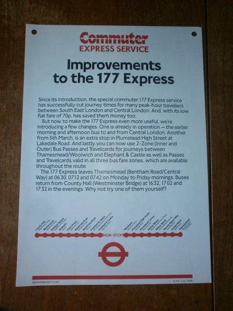 LONDON TRANSPORT BUS Stop Timetable Panel Poster-Commuter Express Route ...