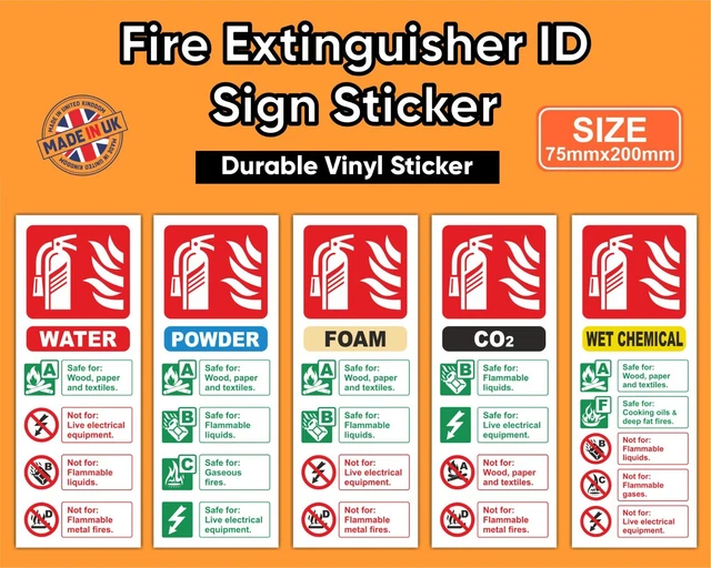 FIRE EXTINGUISHER ID Sticker Sign 7.5 x 20 cm Water Powder Foam CO2 Wet ...