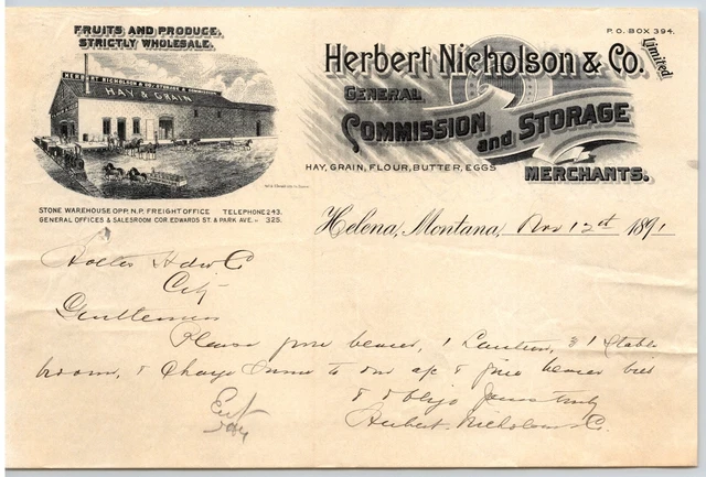 HERBERT NICHOLSON & Co. Vignette Billhead Produce Helena, MT 1891 EUR ...