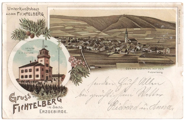 ALTE LITHO-AK OBERWIESENTHAL, Gruss vom Fichtelberg, gelaufen 1898 EUR 7,99 - PicClick DE