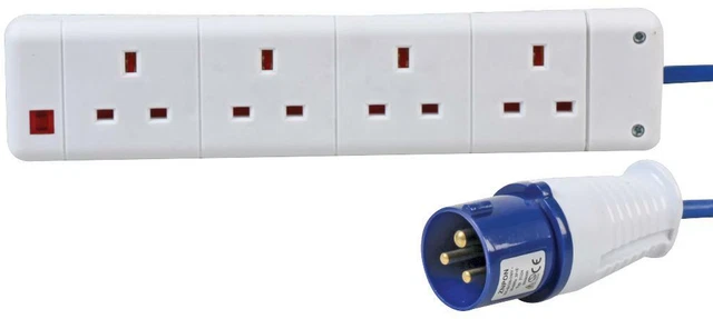240V 16A COMMANDO plug to 4-gang 13A sockets mains power extension lead ...