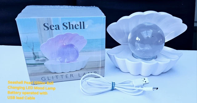 WHITE CLAM SEASHELL with Glitter Pearl Ball Colour Changing LED Mood ...