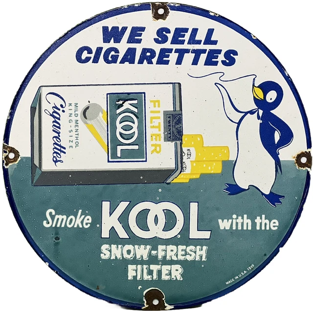 VINTAGE KOOL CIGARETTES Porcelain Sign Gas Station Motor Oil Penguin ...