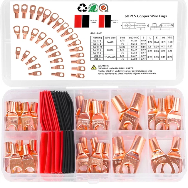 60PCS COPPER WIRE LUGS Battery Cable Ends Terminal Connectors ...