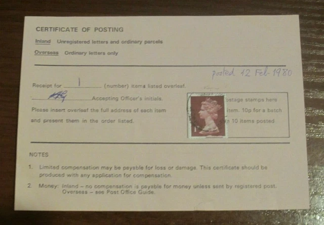 COLLECTABLE VINTAGE BRITISH Post Office Certificate of Posting 1980 ...
