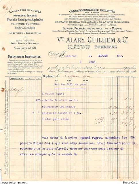 1900 DROGUERIE EPICERIE Prod Chimiques Agricoles Veuve Alary Guilhem ...