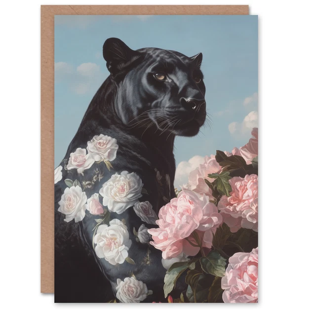 BLACK PANTHER WHITE Pink Roses Floral Portrait Birthday Greeting Card £ ...