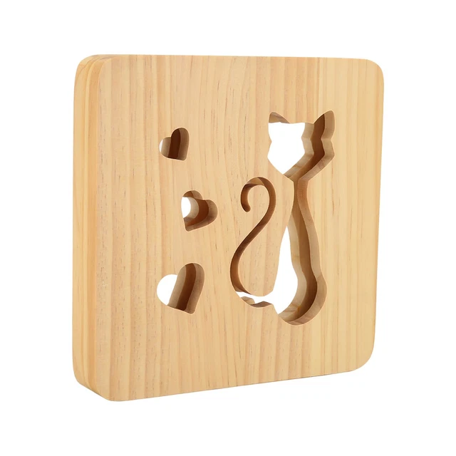 CAT HEART PATTERN Night Light Front Back Hollow Wooden 3D LED Bedside ...