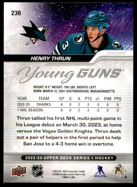 HENRY THRUN 2023-24 Upper Deck Series 1 Young Guns RC #236 San Jose ...