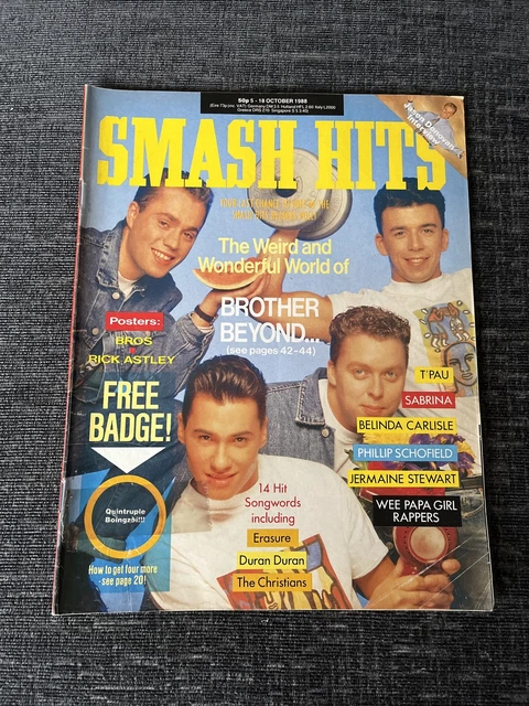 SMASH HITS MAGAZINE 5 Oct 1988 Rick Astley Bros Jason T’Pau Brother ...