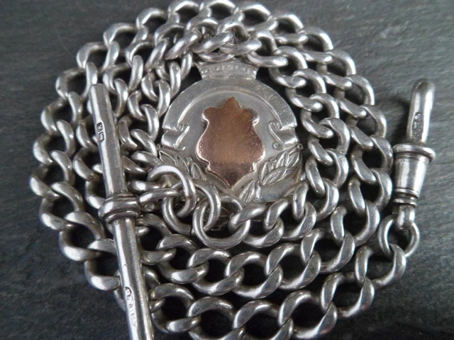HEAVY 45.9G ANTIQUE HM 101YO Solid Silver Albert Pocket Watch Chain ...