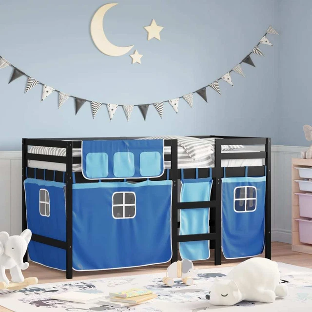 1782285 LETTO A Soppalco Bambini con Tende Blu 90x190 cm Massello Pino ...