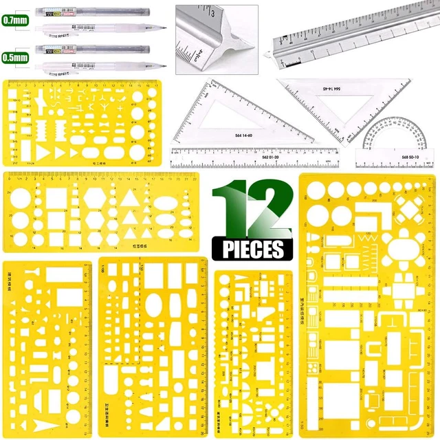 12 PIECES PLASTIC Drawing Template Ruler Kit with Aluminum Architect ...
