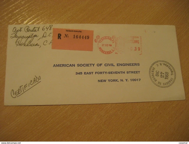 TEGUCIGALPA 1968 TO New York USA Cancel Slipper Mail Registriert Label ...