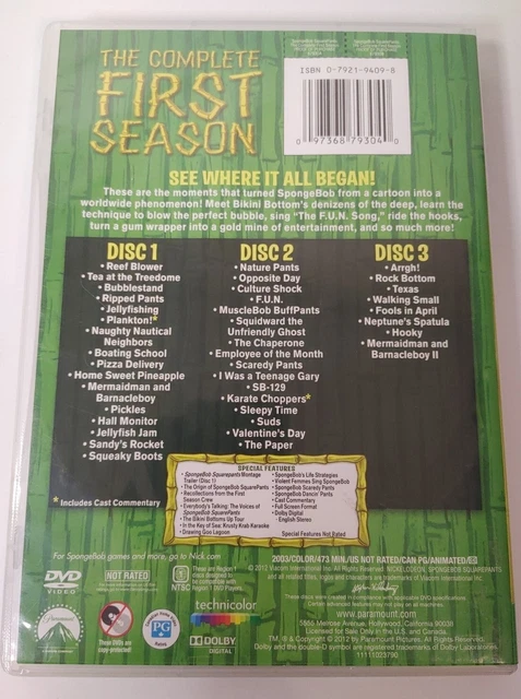 SPONGEBOB SQUAREPANTS SEASON 1 DVD (3 Disc) With Special Features ...