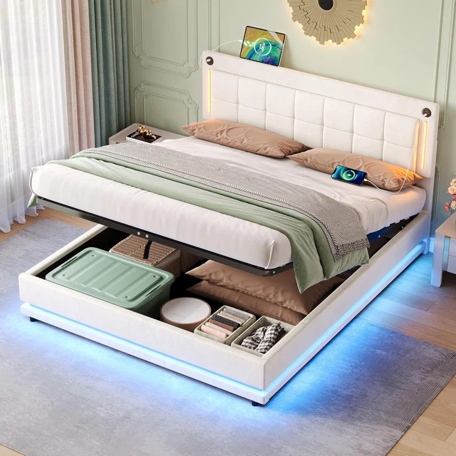 DOUBLE LED STORAGE Bed USB Charging Tufted Headboard 4ft6 Beige 135x190 ...