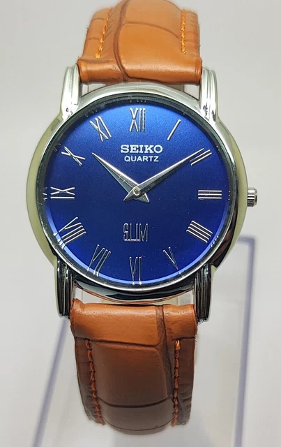 VINTAGE SEIKO QUARTZ Japan made Blue Dial Super Slim Wrist Watch ...