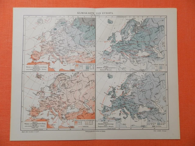 CARTA CLIMATICA EUROPA temperatura precipitazioni MAPPA 1906 EUR 8,15 - PicClick IT