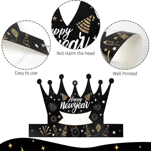HAPPY NEW YEAR Hats, 12 Pcs Paper Crowns New Years Eve Hats 6 Styles ...