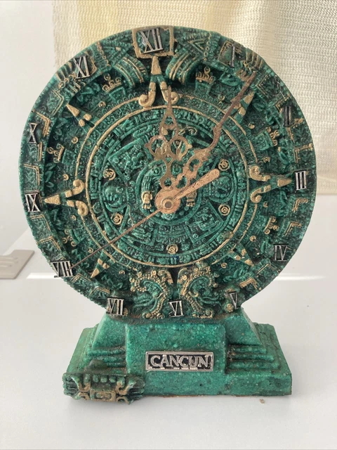 VINTAGE MAYAN CALENDAR Stone Malachite Green Cancun 9” Mantle Clock ...