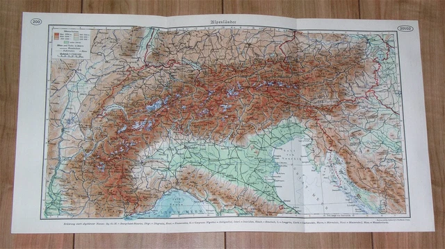 1937 VINTAGE PHYSICAL Map Of Alps Mountains / Germany Austria Italy ...