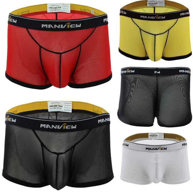 MEN'S BULGE POUCH See-Through Sheer Boxer Briefs Shorts Swim Trunks ...