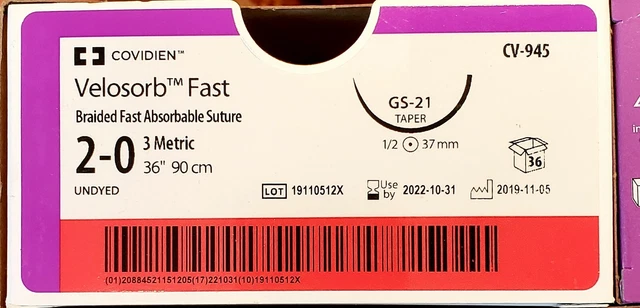 COVIDIEN CV-945 VELOSORB Fast Absorbable 2-0 GS-21 36” Exp 10/31/2022 ...