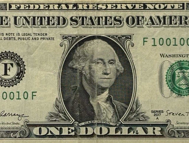 TRUE BINARY FANCY Serial Number One Dollar Bill F10010010F FW Print 1s ...