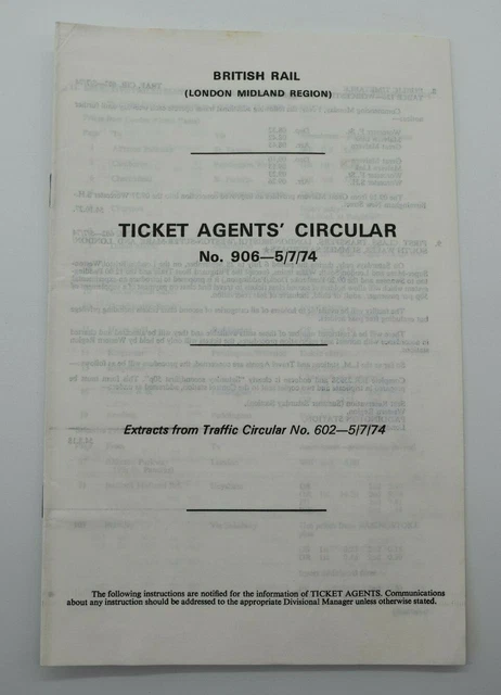 BRITISH RAIL (LM Region) Ticket Agents' Circular No 906 15/7/74 EUR 6 ...