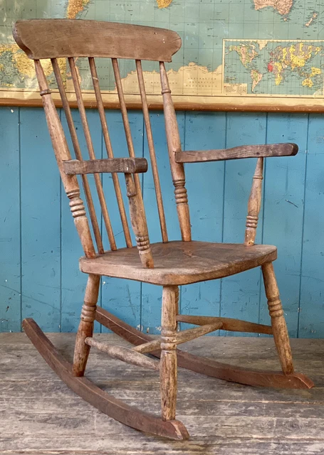 VINTAGE FARMHOUSE STICK Spindle Back Turned Wood Rocking Chair DELIVERY ...