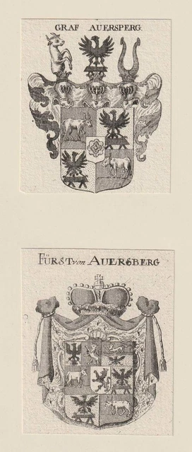 GRAF U. FÜRST Auersperg * Heraldik Adelswappen 2 Kupferstich-Wappen ...